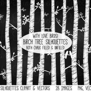 Chalkboard Birch Tree Silhouettes Clipart Clip Art, Chalk Autumn Aspen ...