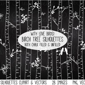 Chalkboard Birch Tree Silhouettes Clipart Clip Art, Chalk Autumn Aspen ...