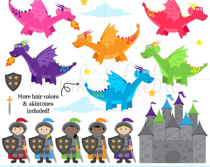 Knights and Dragons Clipart, Knight Clipart, Dragon Clipart, Fairytale ...
