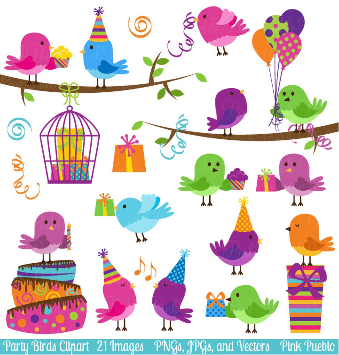 Party Birds Clipart Clip Art Birthday Party Celebration Birds | Etsy