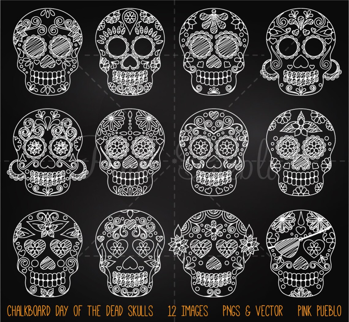 Chalkboard Day of the Dead Skull Clipart Clip Art Chalk Sugar - Etsy