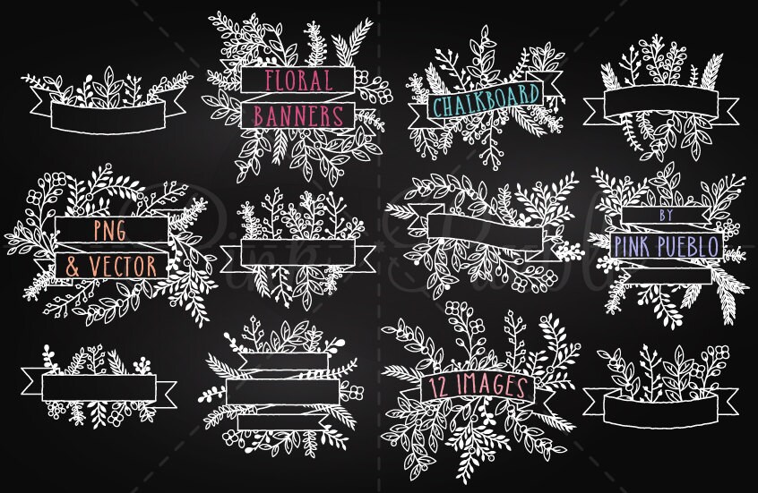 Vintage Chalkboard Floral Banner Clip Art Clipart Rustic - Etsy