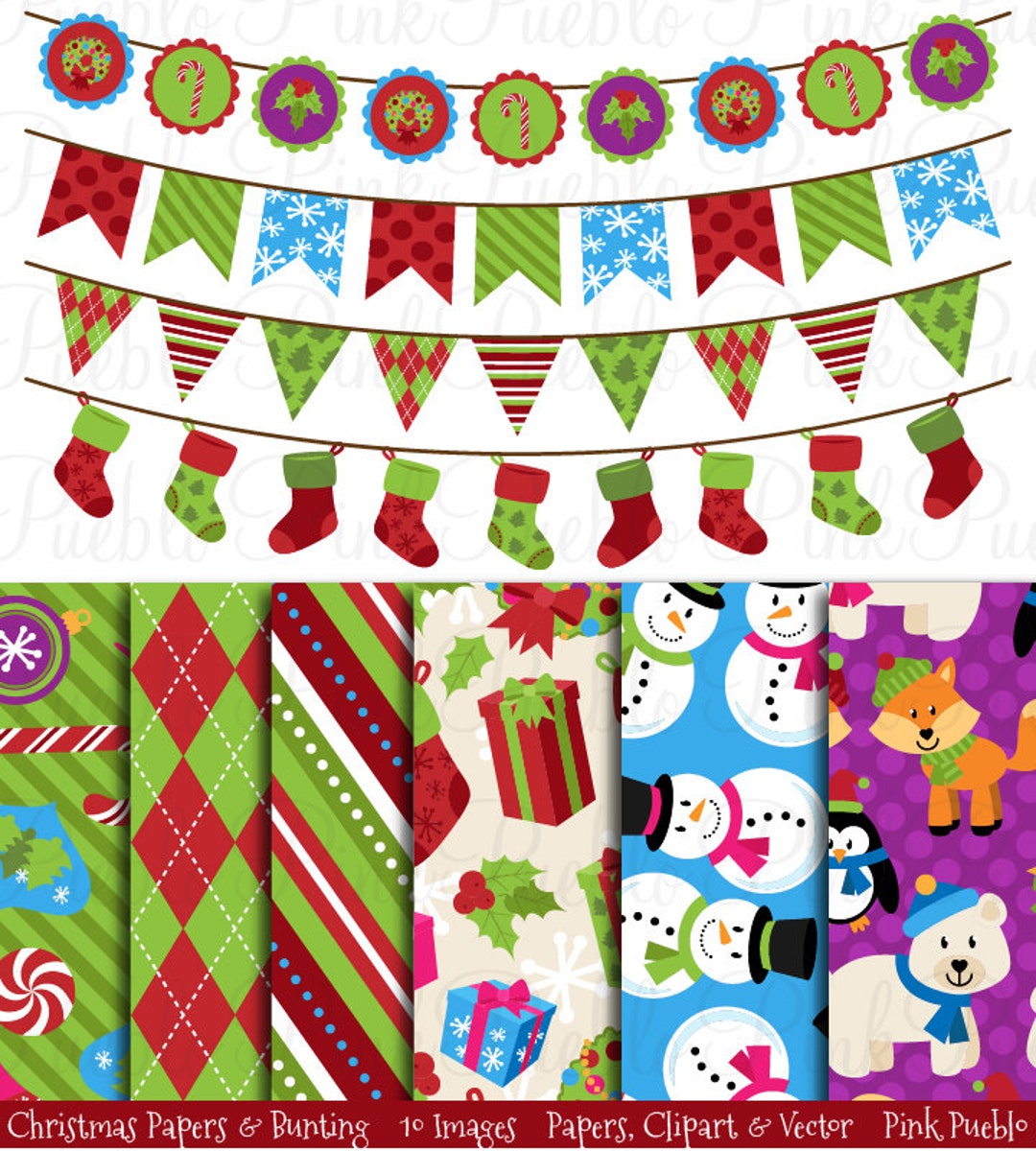 Christmas Holiday Scrapbook Paper and Bunting Clipart Clip Art, Great ...
