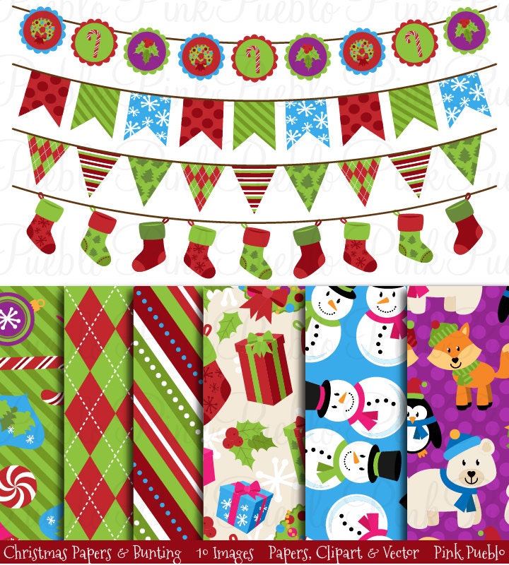 Christmas Holiday Scrapbook Paper and Bunting Clipart Clip - Etsy