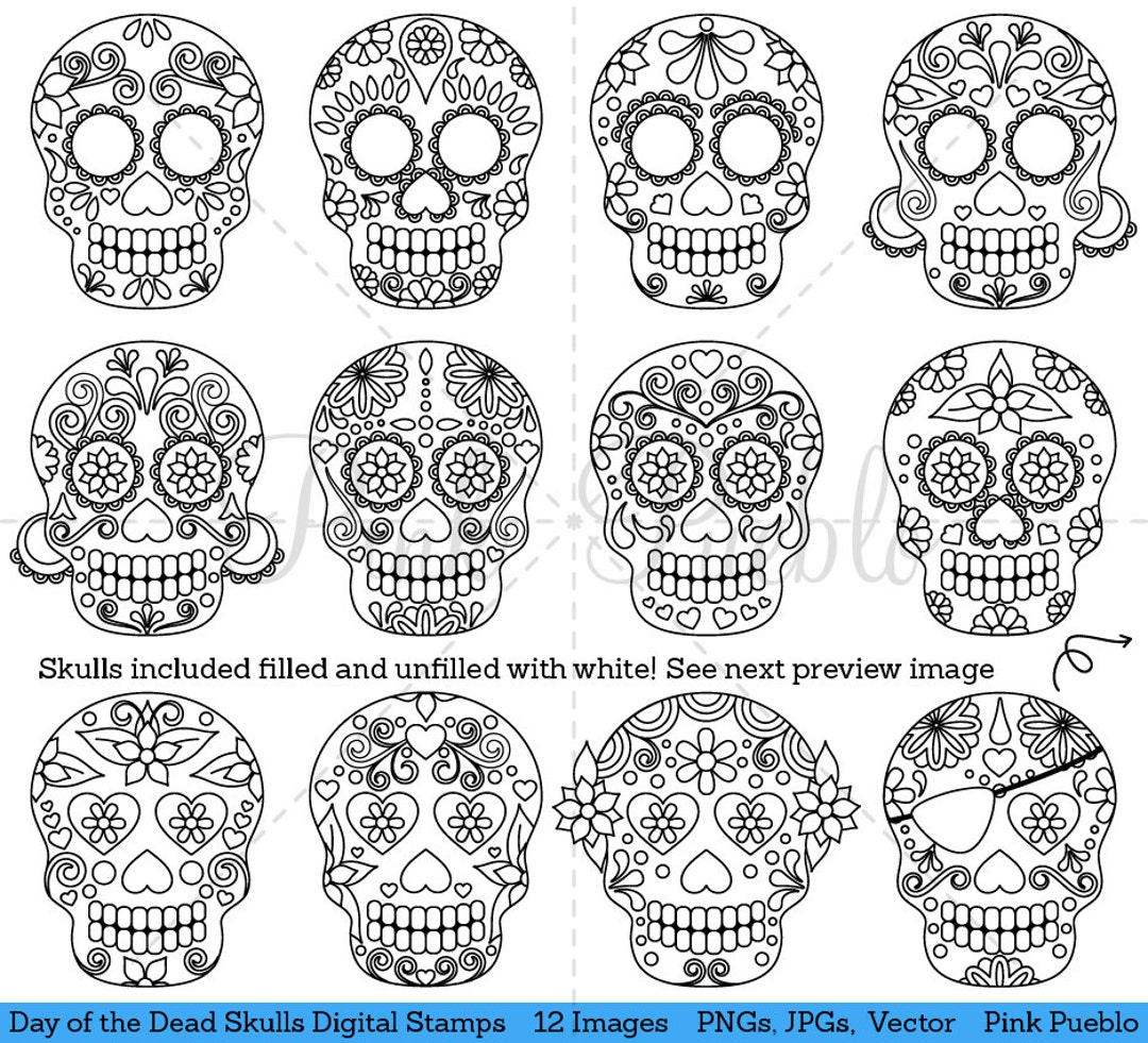 Day of the Dead Skull Clipart Clip Art, Sugar Skulls Digital Stamps ...