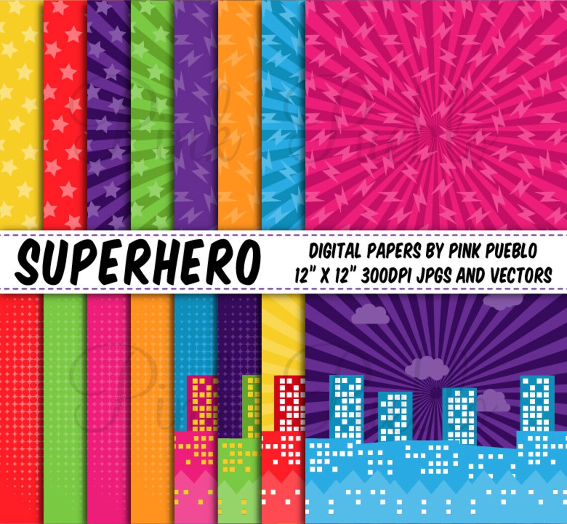 Superhero Digital Papers Superheroes Scrapbook Paper and - Etsy