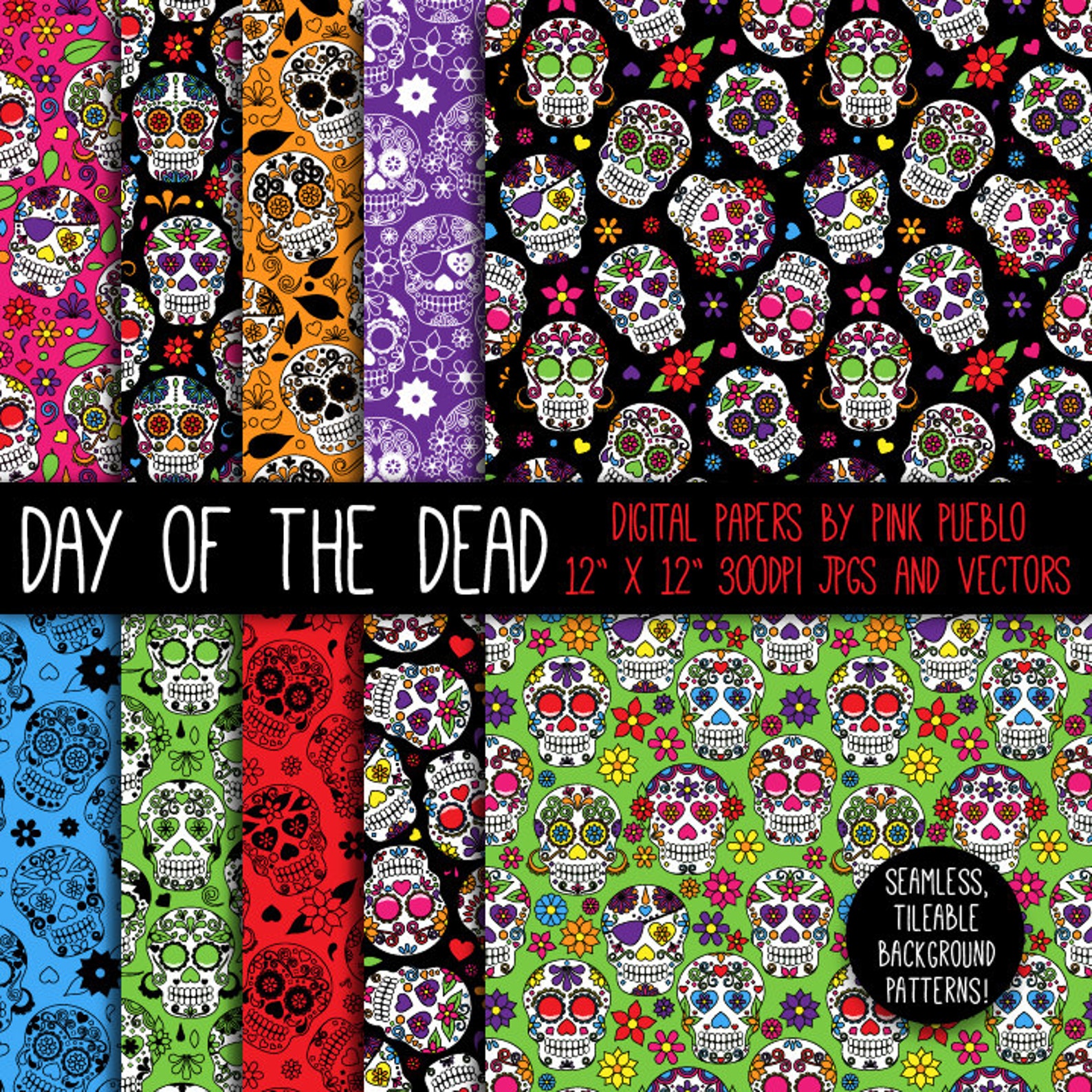 Day of the Dead Skulls Digital Paper Day of the Dead - Etsy