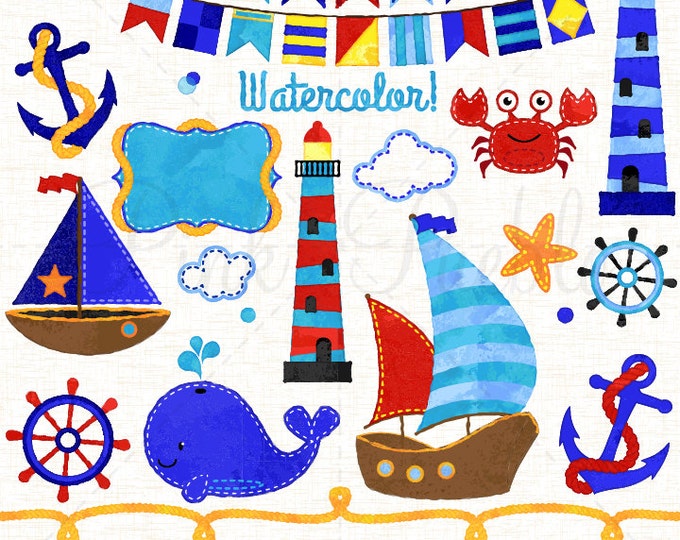 Watercolor Nautical Clipart Clip Art, Marine Sailing Boat Ship Sailboat ...