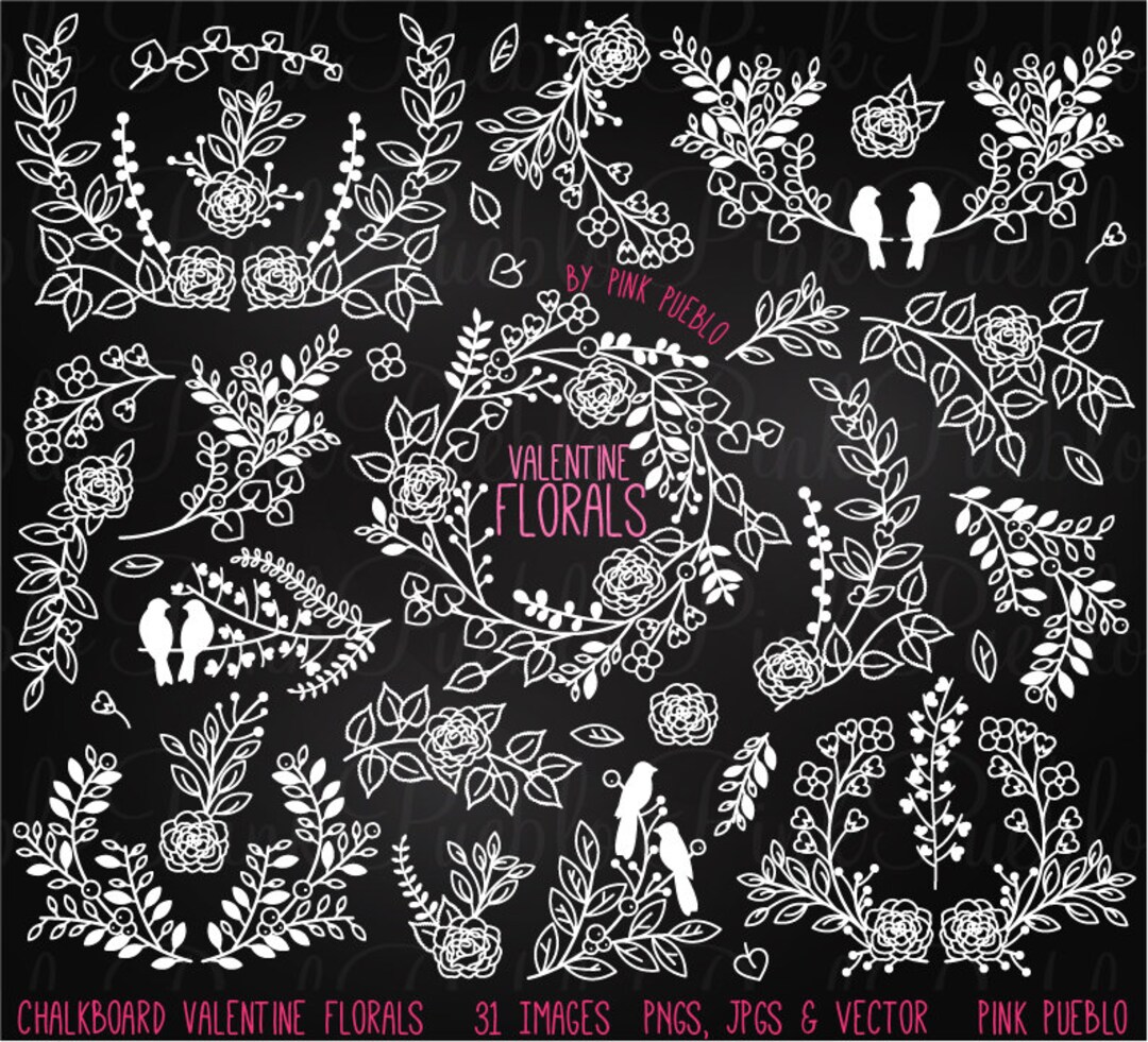 Vintage Chalkboard Valentine's Day Floral Clip Art Clipart, Chalk ...