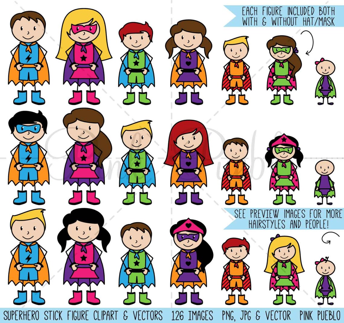 Superhero Stick Figure Clipart Clip Art Stick People Clipart | Etsy
