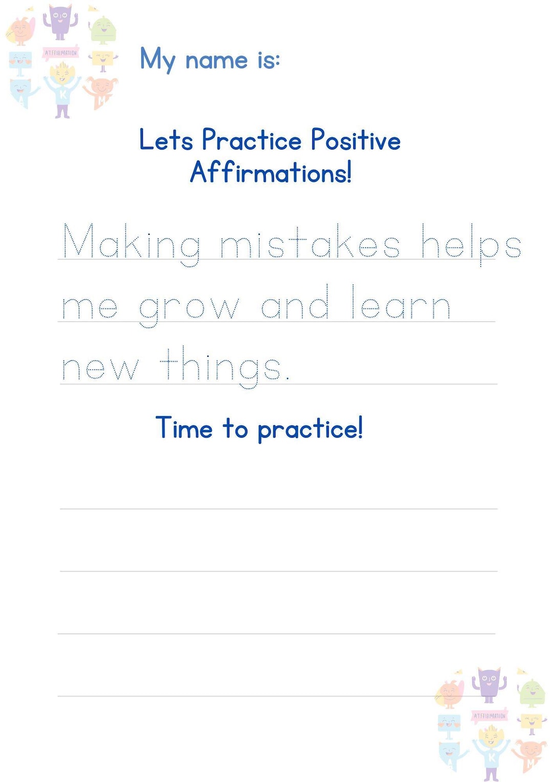 Positive Affirmation Handwriting Practice Sheets for Children - Etsy
