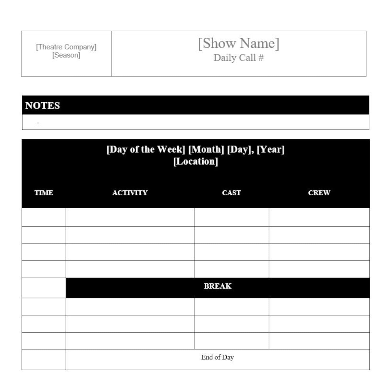 Stage Management Template Bundle - Digital Theatre Cue Sheets, Daily ...