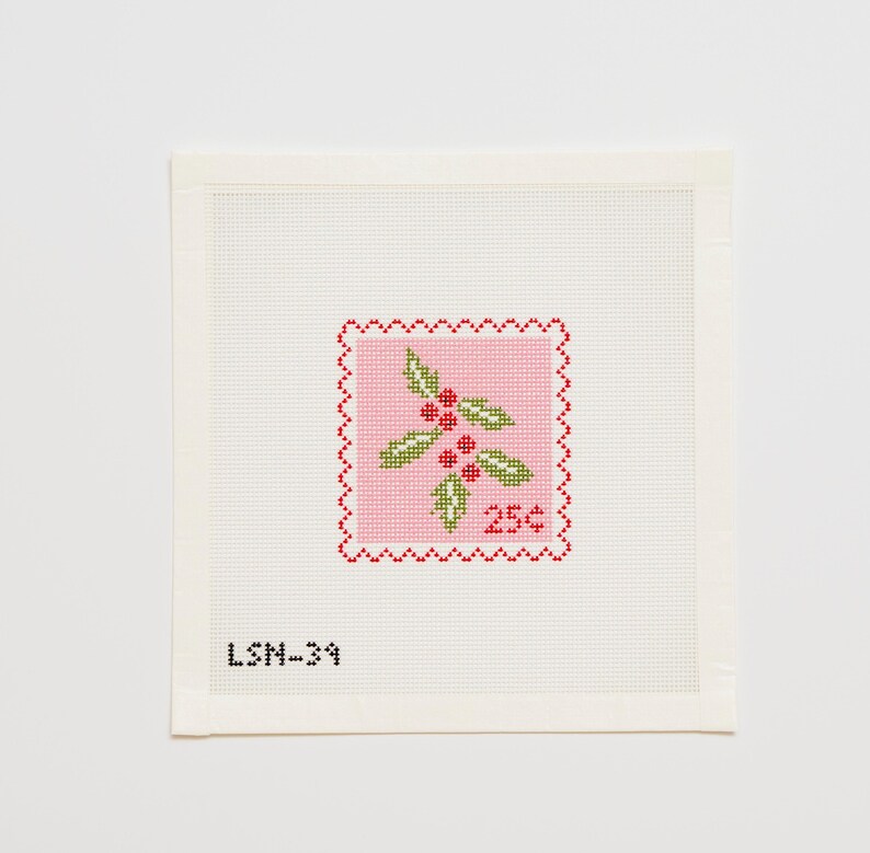 Holiday Pink Holly Stamp Needlepoint Canvas - Etsy
