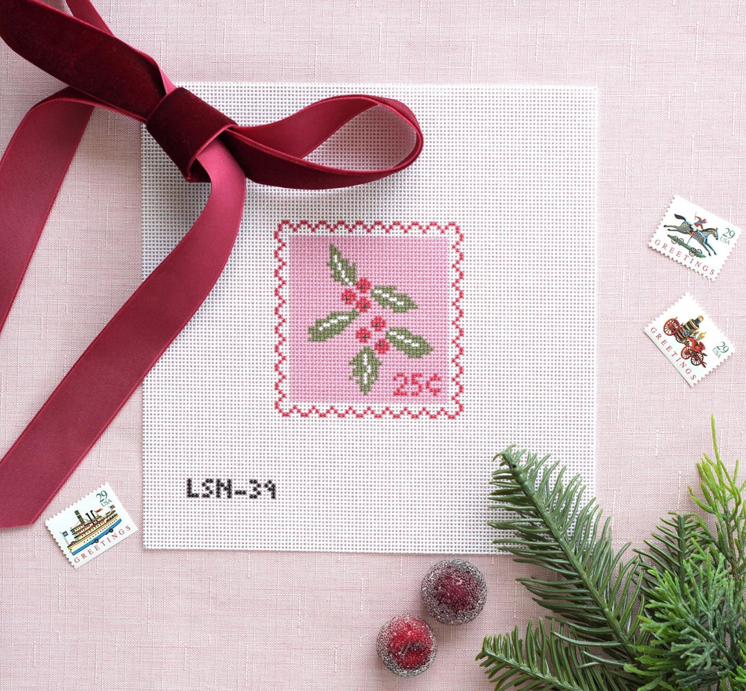 Holiday Pink Holly Stamp Needlepoint Canvas - Etsy