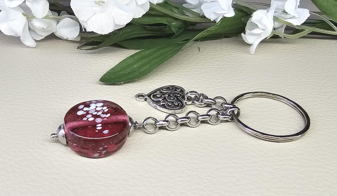 KEYCHAIN : Handmade Murano-style Glass Bead and Filigree Heart Charm ...