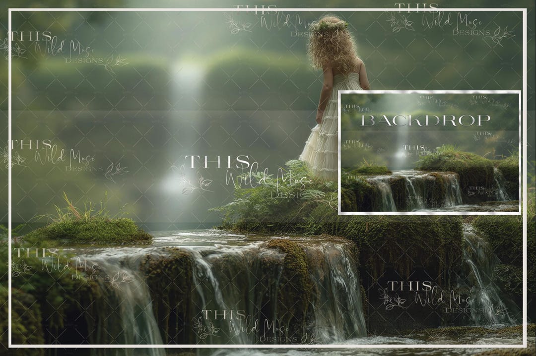 Misty Waterfall Digital Backdrop, Waterfall, Moss Covered Natural ...