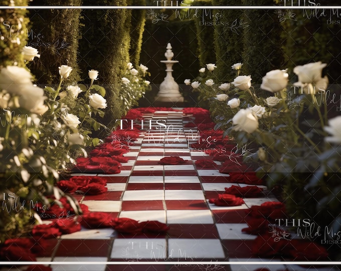 Alice in Wonderland Digital Backdrop, Chessboard Path, Red Roses ...