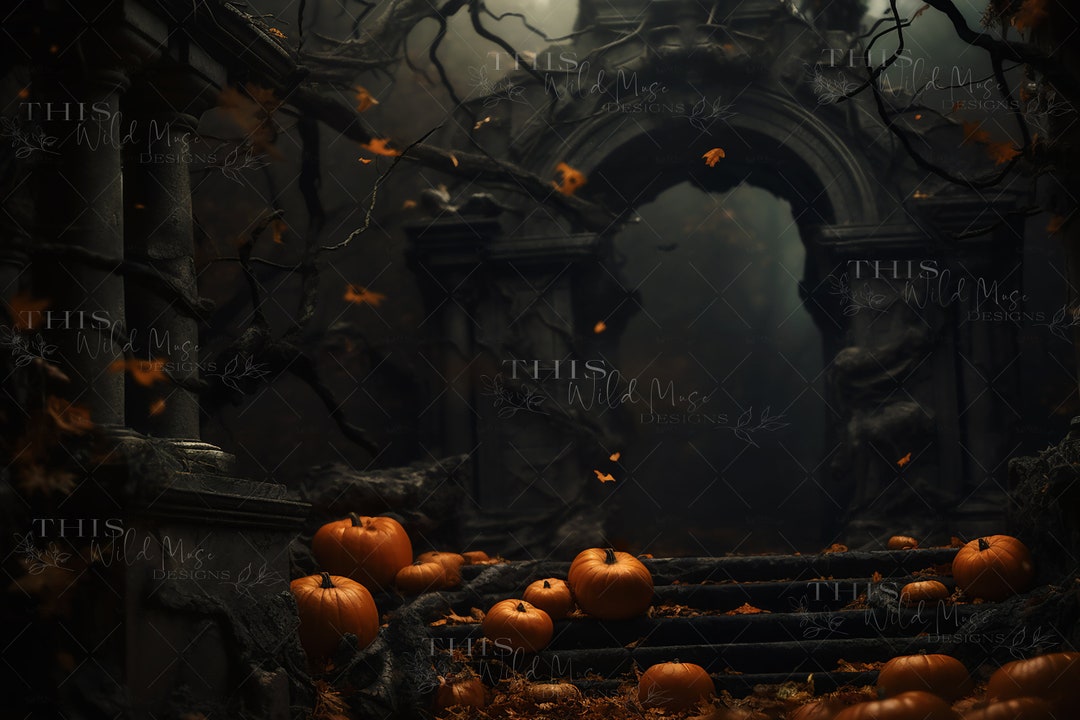 Haunted Ruins Digital Backdrop, Pumpkins, Halloween, Fog, Moody, Fall ...