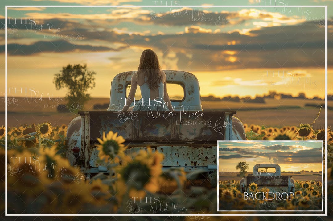 Sunflower Field Digital Backdrop, Rusted Truck Bed, Sunflowers, Summer ...