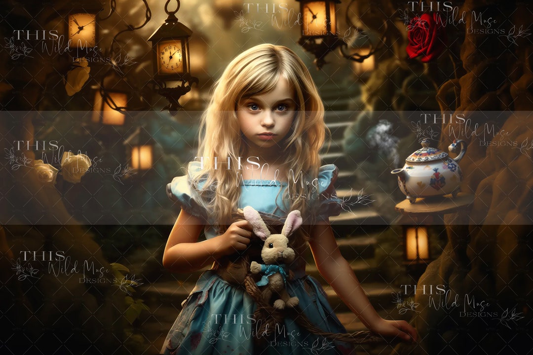 Alice in Wonderland Digital Backdrop, Trees, Clocks, Red Roses, Fantasy ...