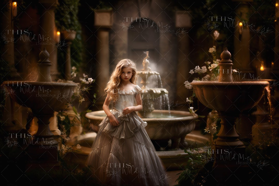 Courtyard Digital Backdrop, Fountain Sculpture Digital Backdrop, Water ...