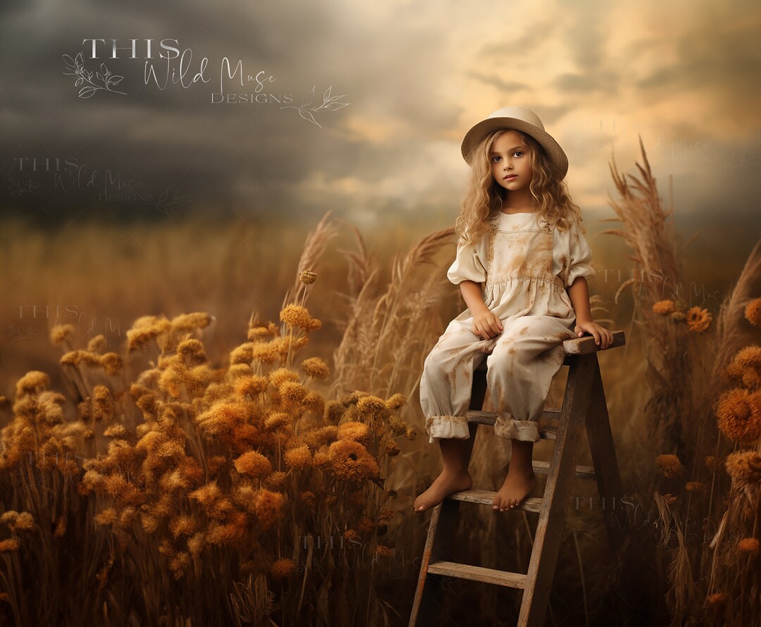 Autumn Harvest Ladder Portrait Digital Background, Wheat Field Digital ...