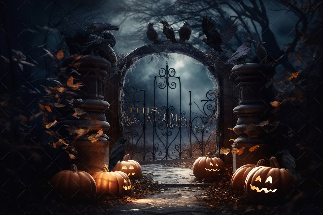 Raven's Gate Digital Backdrop, Halloween, Jack O'lanterns, Spooky ...