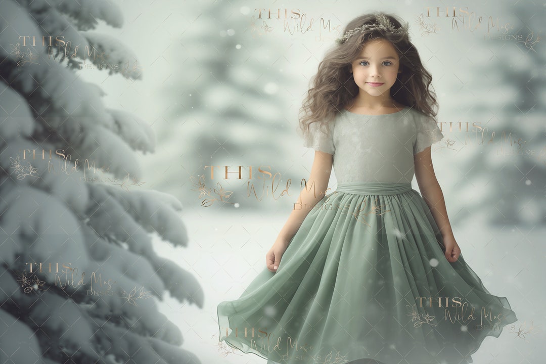 Holiday Wintergreen Digital Backdrop, Snowy Pine Trees, Snow, Winter ...