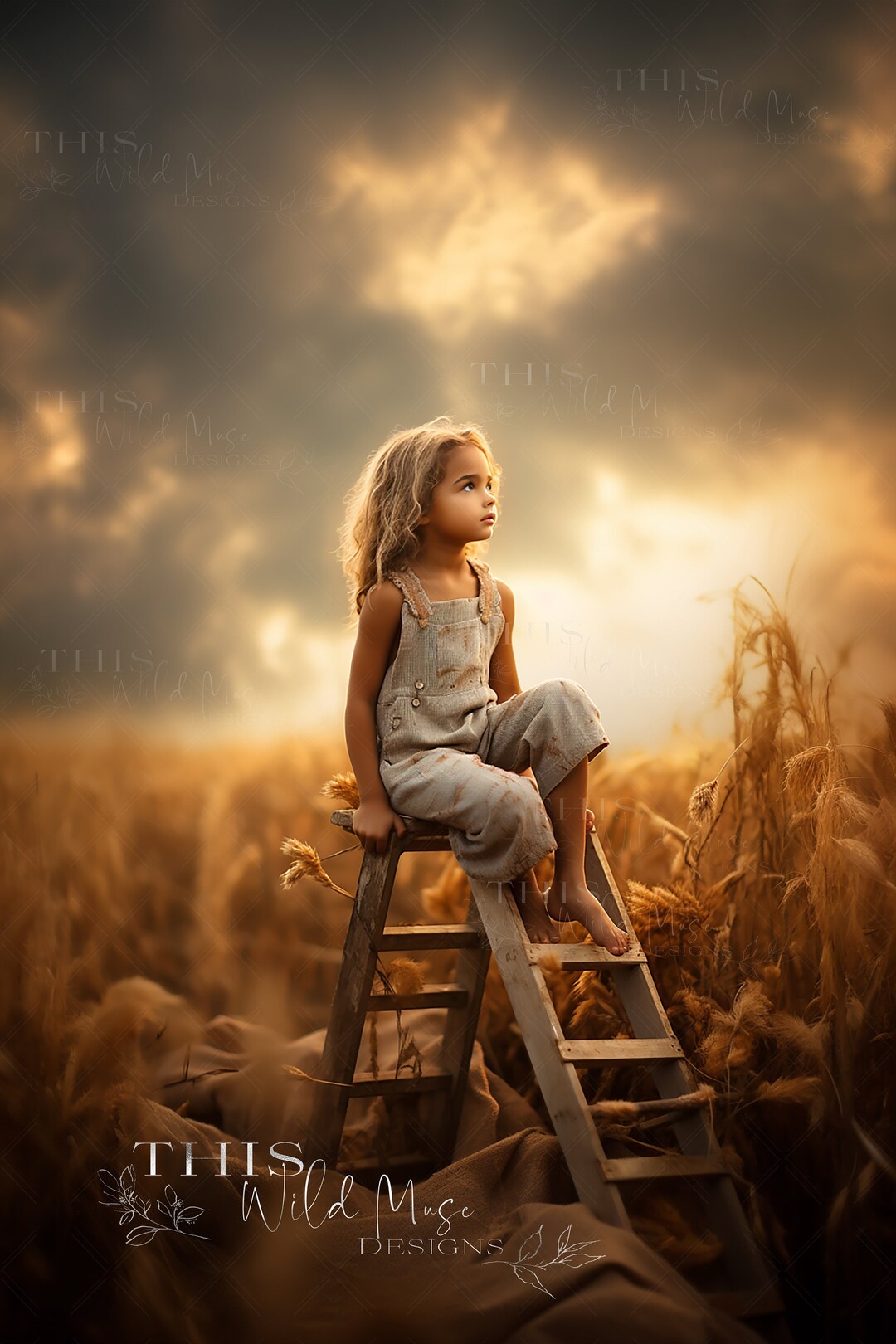 Painterly Fall Harvest Portrait Digital Backdrop, Ladder, Wheat Field ...
