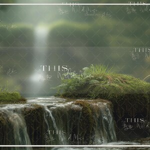 Misty Waterfall Digital Backdrop, Waterfall, Moss Covered Natural ...