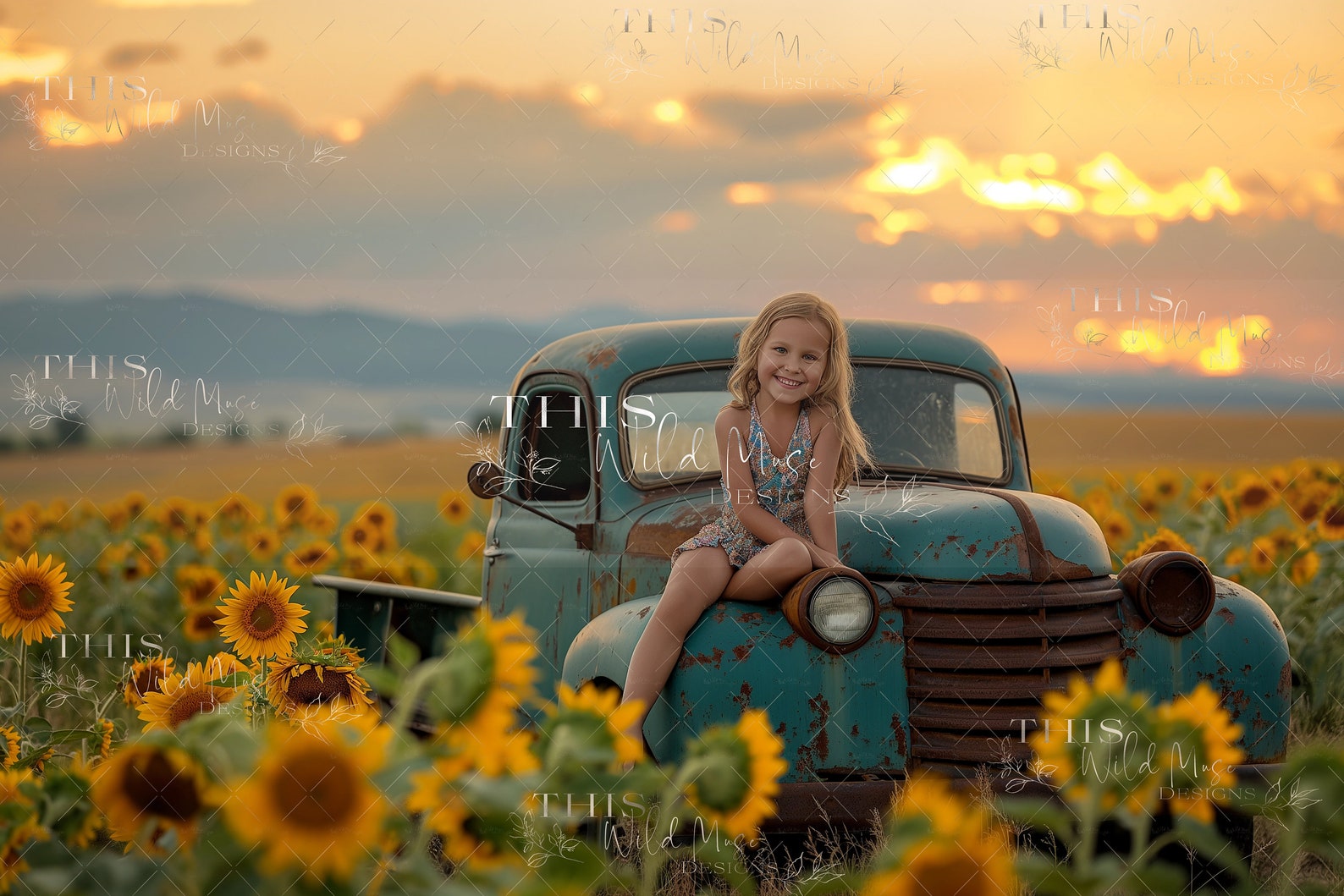 Sunflower Field Digital Backdrop, Rusted Truck, Sunflowers, Summer ...
