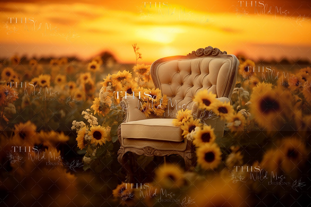 Sunflower Field Digital Backdrop, Vintage Chair, Sunflowers, Summer ...