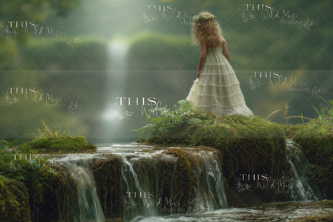 Misty Waterfall Digital Backdrop, Waterfall, Moss Covered Natural ...