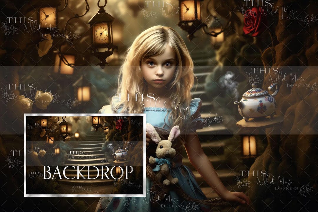 Alice in Wonderland Digital Backdrop, Trees, Clocks, Red Roses, Fantasy ...