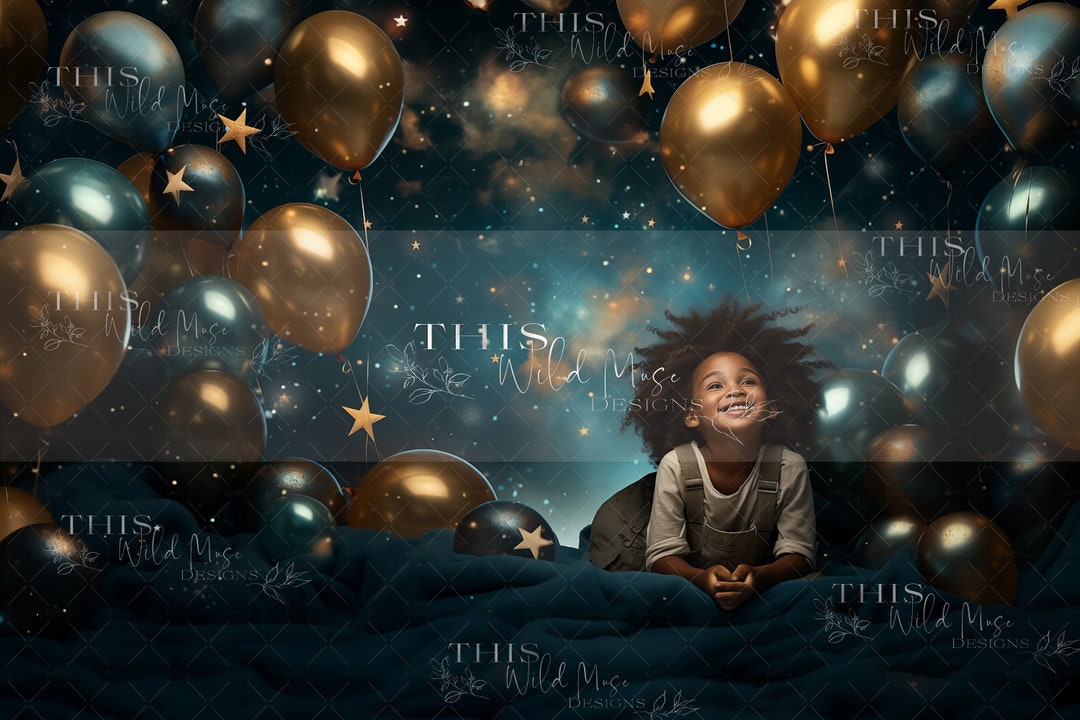 Birthday Balloon Studio Digital Backdrop, Teal and Gold, Studio ...