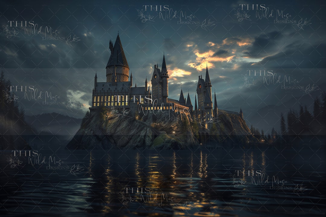 Magic School Digital Background, Magic Castle of Wizards, Night, Lake ...