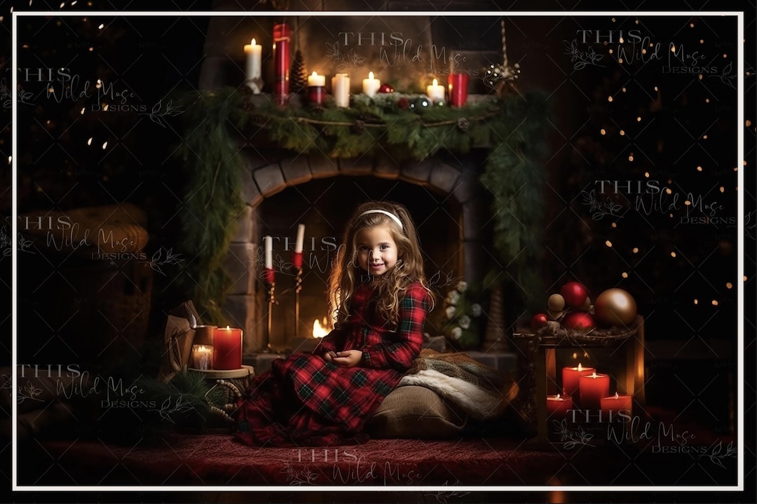Rustic Christmas Digital Background, Christmas, Fireplace, Candles ...