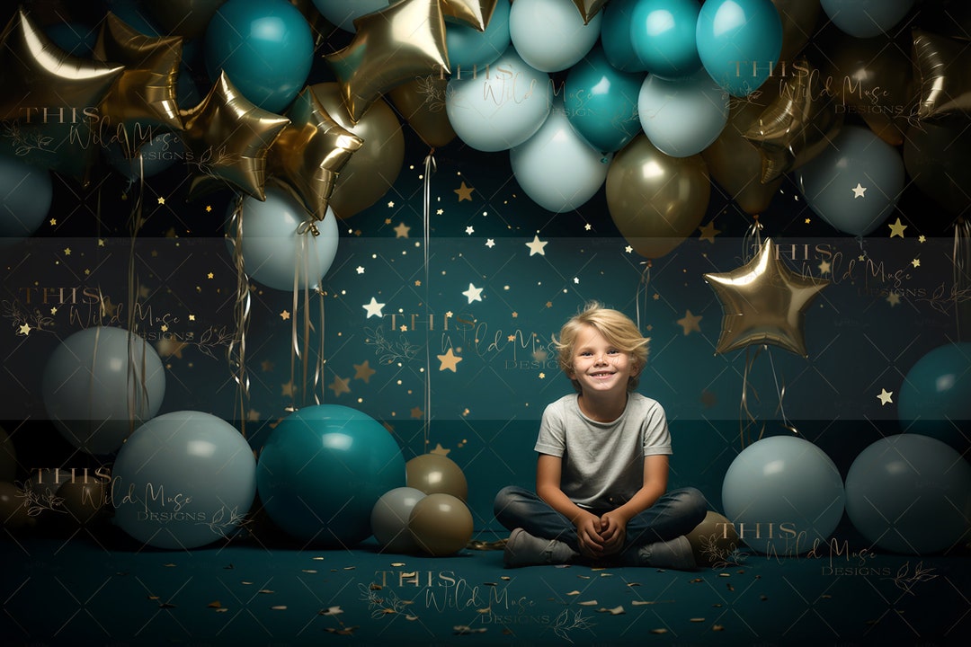 Birthday Balloon Studio Digital Backdrop, Teal and Gold, Studio ...