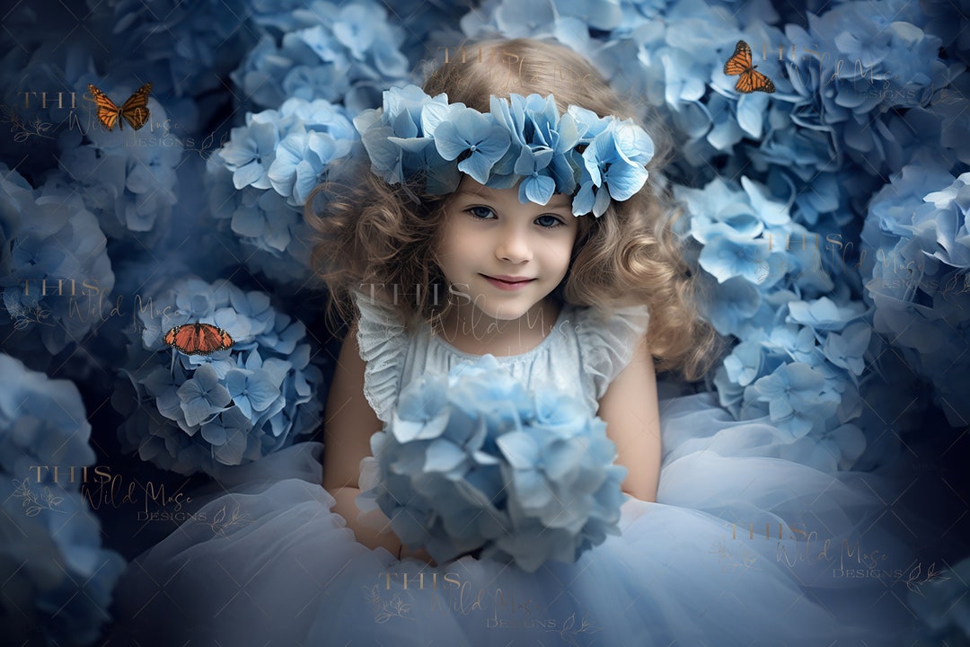 Flower Studio Digital Backdrop, Blue Flowers, Butterflies, Hydrangeas ...