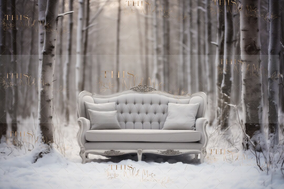 Winter Forest Digital Backdrop, Grey Couch, Winter Background, Snow ...