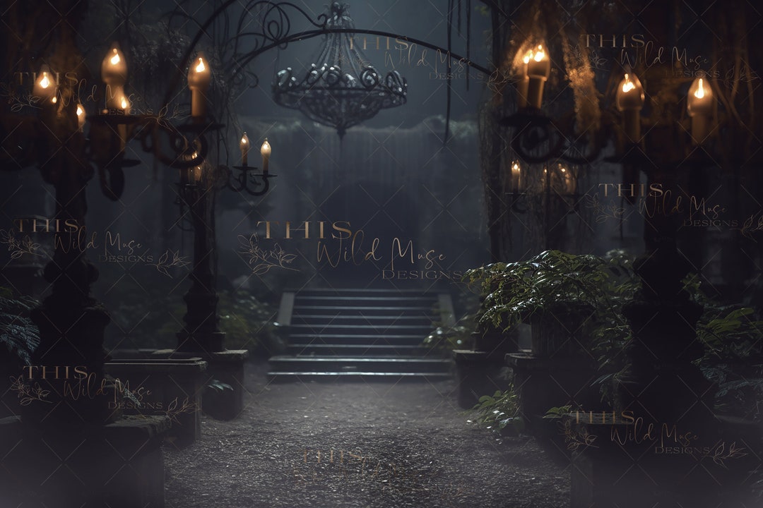 Halloween Digital Backdrop Gothic Garden Fog Candelabras Haunted Garden Digital Background