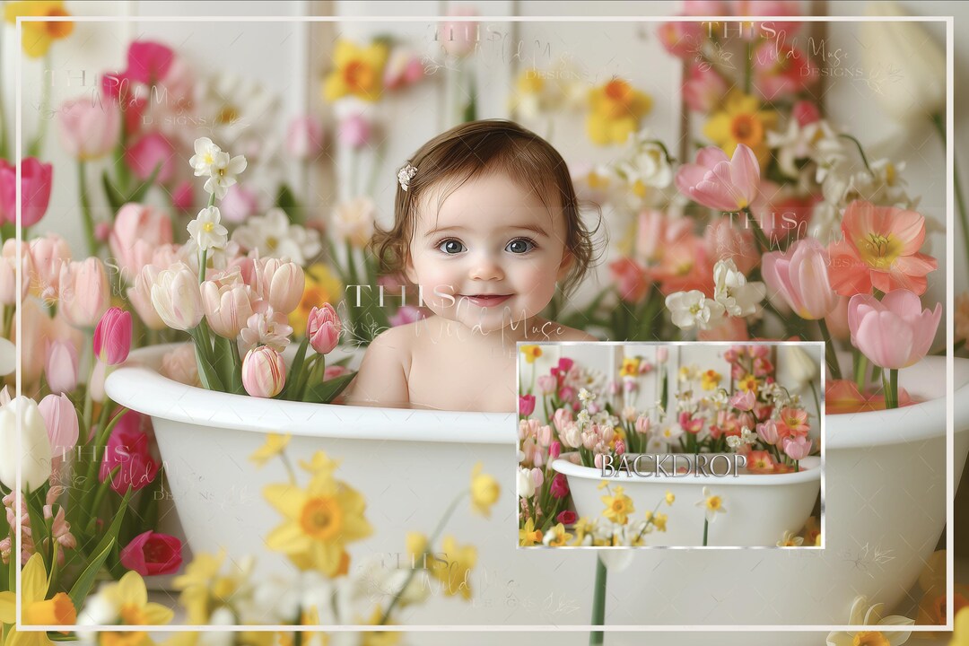 Spring Flower Bath Digital Backdrop, Bubble Bath, Spring Composite ...