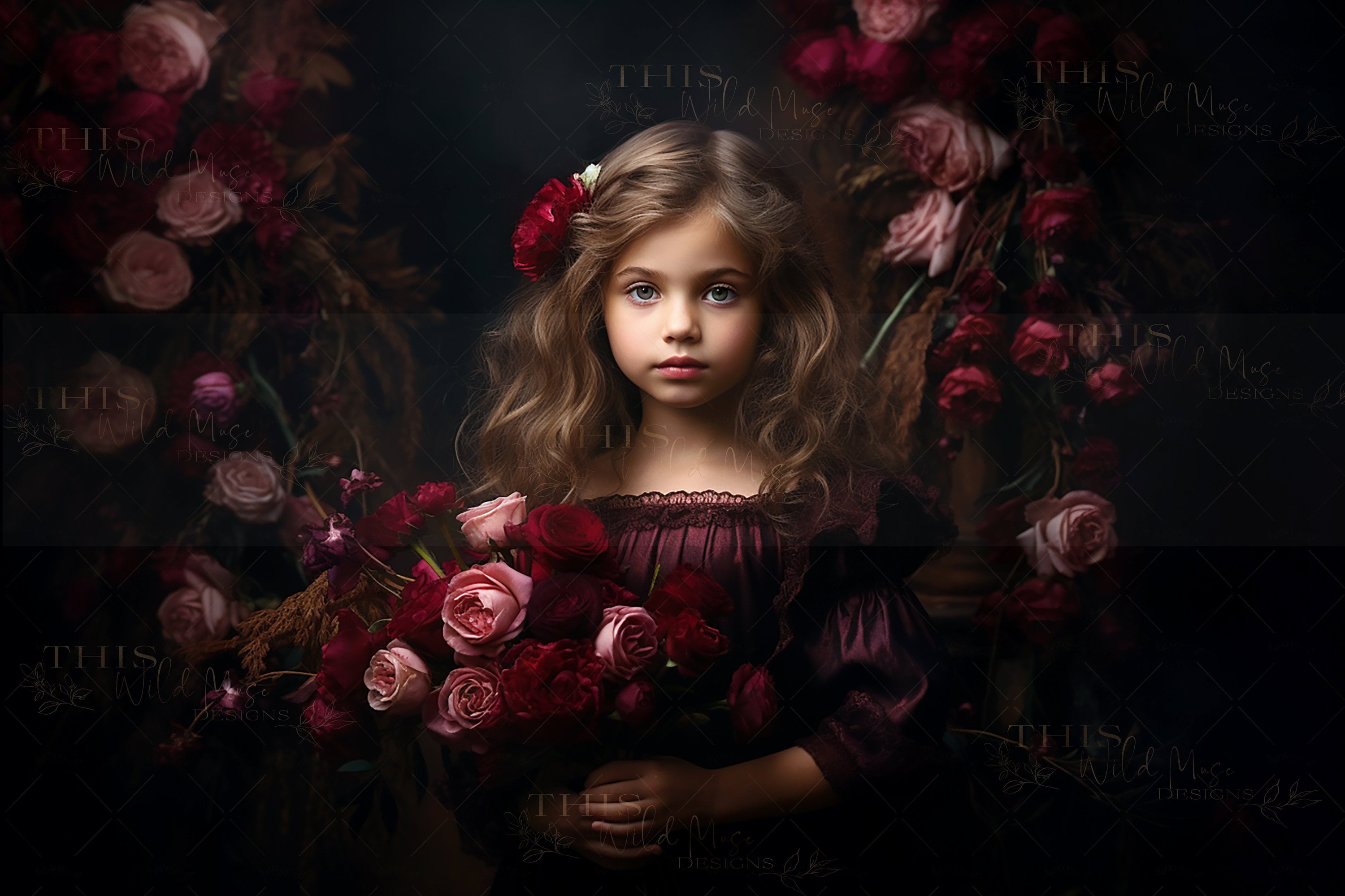 Dark Floral Portrait Digital Background, Roses, Portrait Digital ...