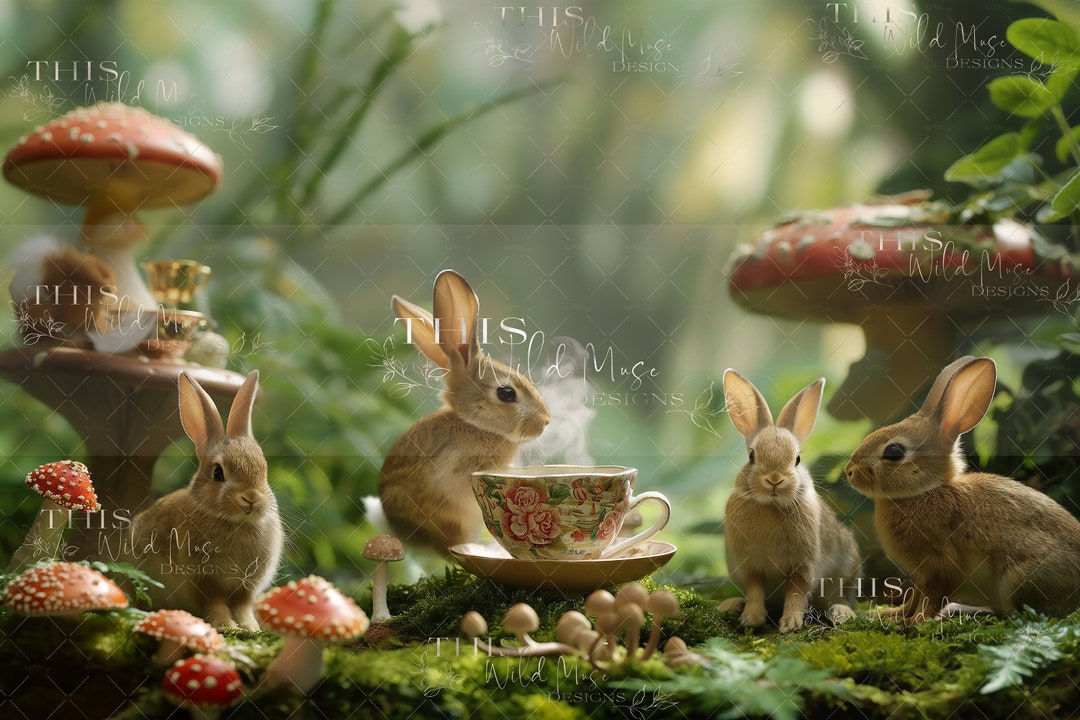 Enchanted Fairy Tea Party Digital Backdrop, Fairy Background, Bunny ...