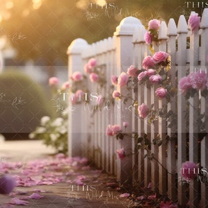 White Picket Fence Digital Backdrop, White Fence, Pink Roses Digital ...
