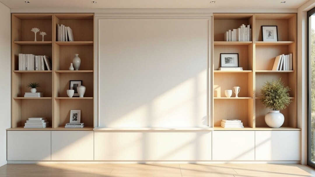 Elegant Home Library Zoom Background, Ivory Bookshelf, Light Oak ...