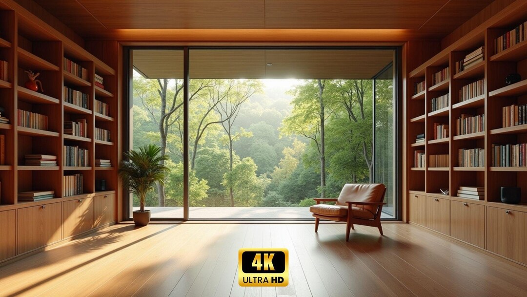 Warm Wood Library Zoom Background | Japandi Nature View (digital ...