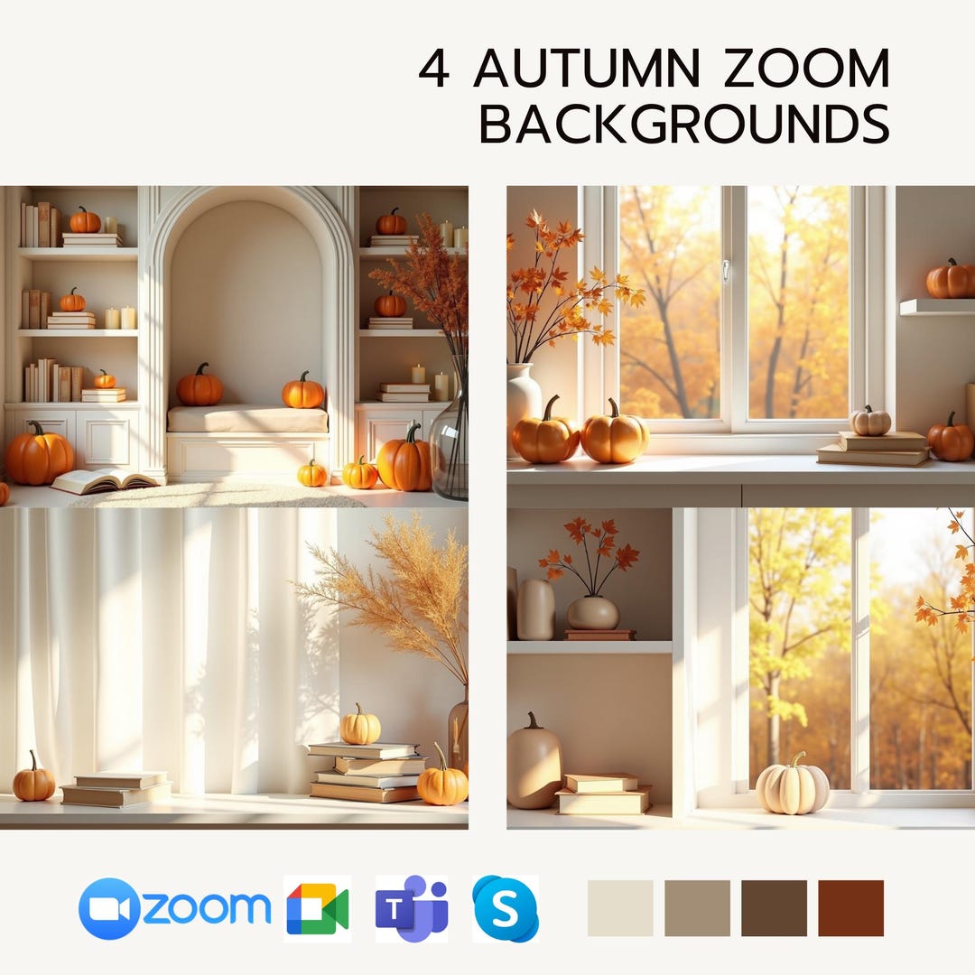 Cozy Autumn Zoom Backgrounds: Bookshelf & Pumpkin Decor (set of 4 ...