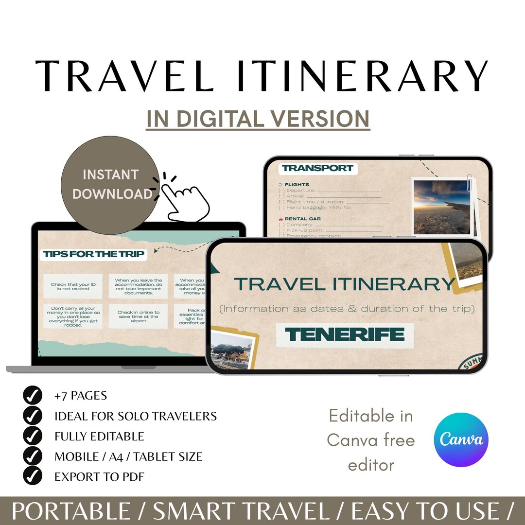 Tenerife Travel Itinerary Template Editable Canva Trip Planner Digital ...