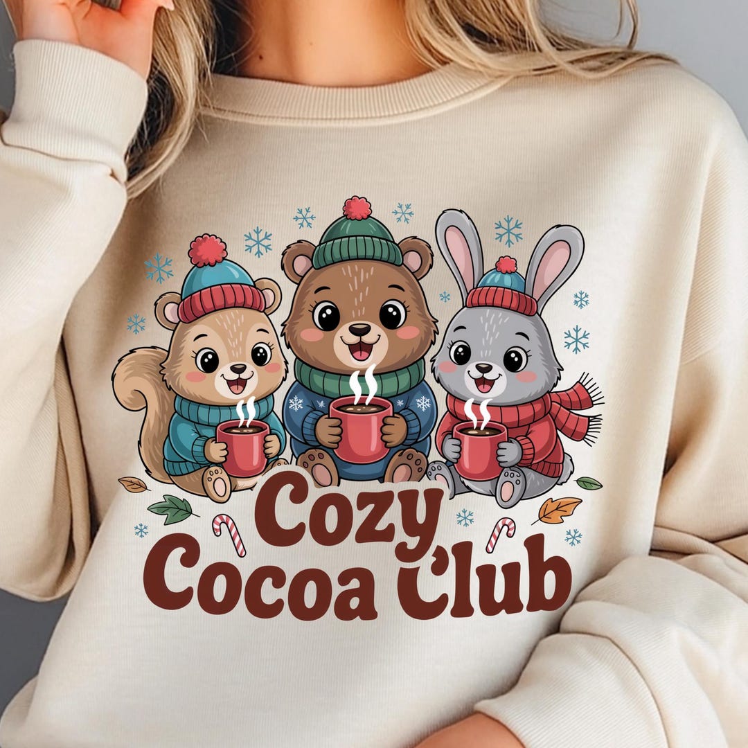 Cozy Cocoa Club Winter Animals PNG, Christmas Shirt Design - Etsy
